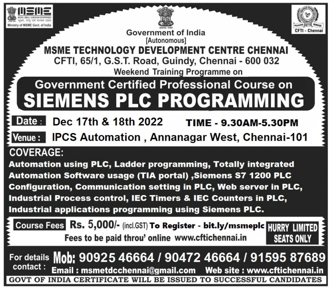 Siemens PLC Training with MSME government Certificate Tickets, IPCS ...